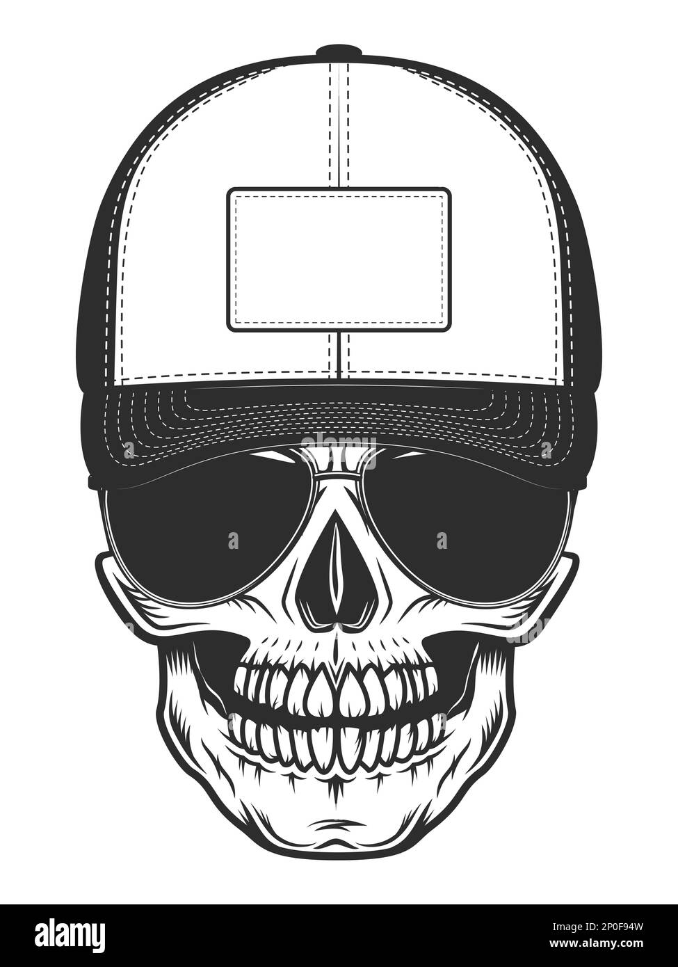 Skull in baseball cap with sunglasses in vintage monochrome style ...