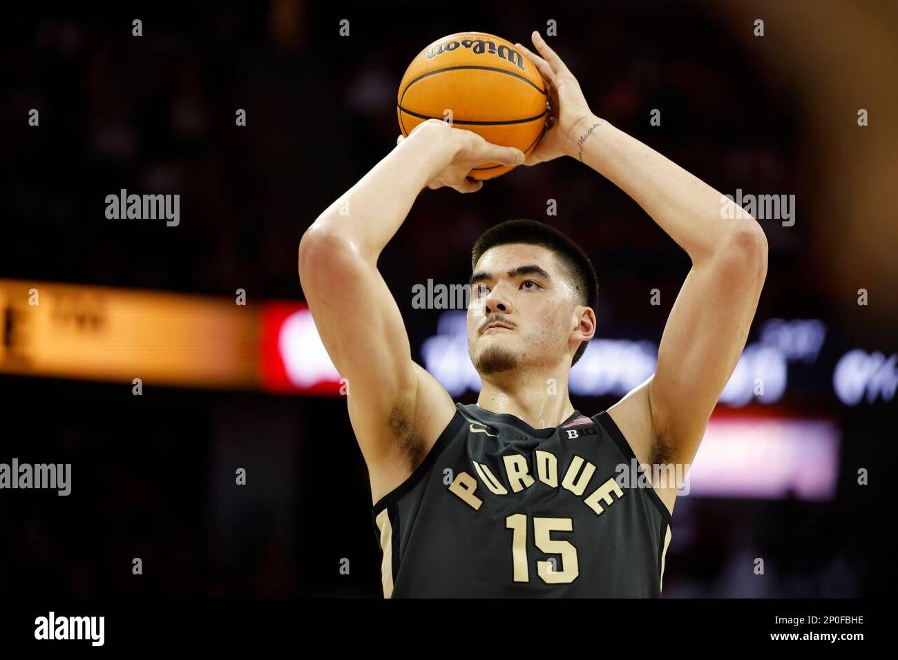 March 2, 2023: Purdue Boilermakers center Zach Edey (15) shoots a free throw during the NCAA ...