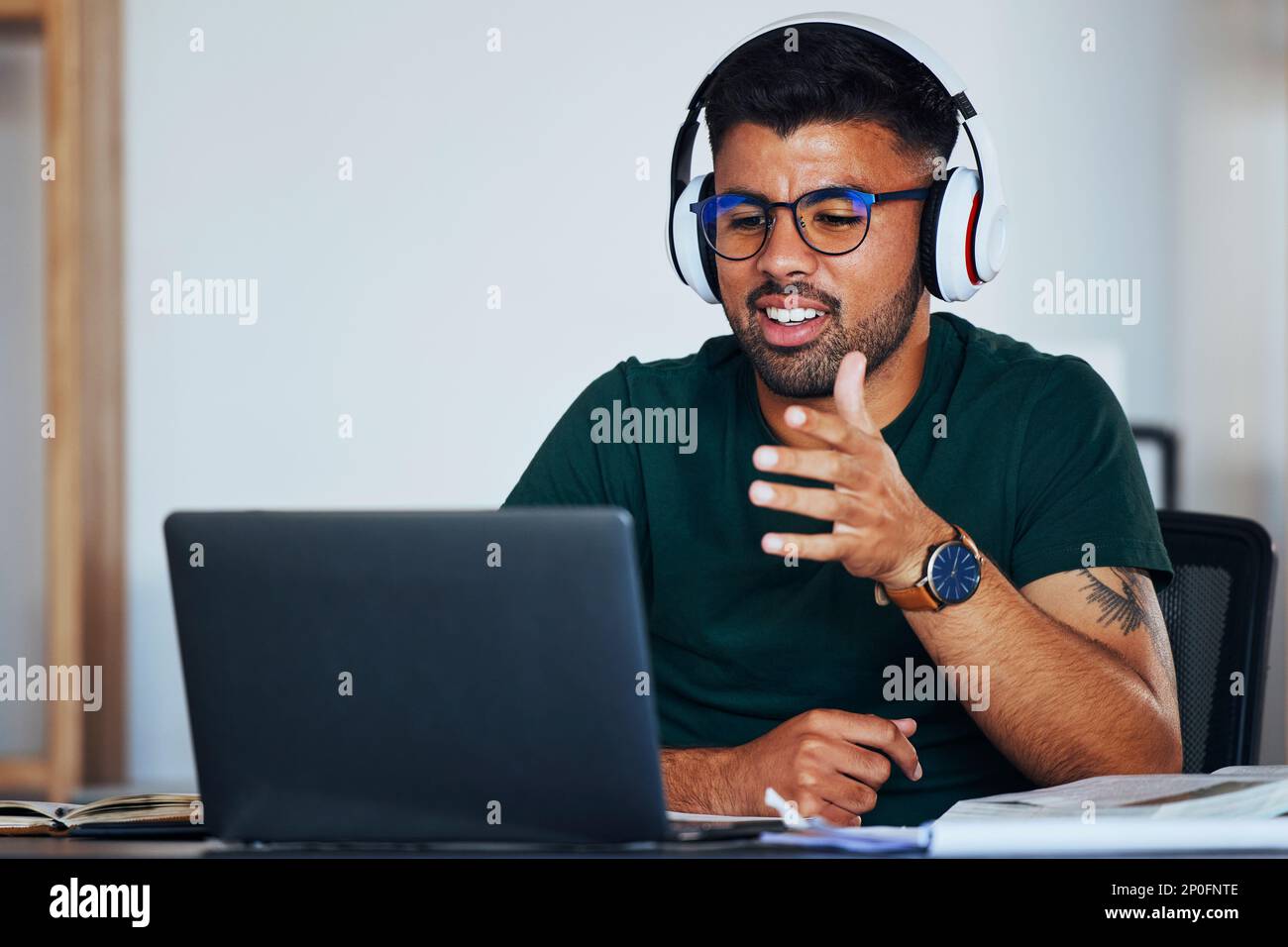 Elearning, talking and man with a laptop for class, confused and ...