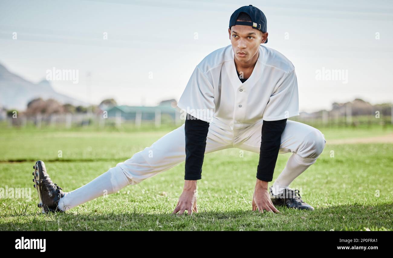 Baseball, man and stretching on field, fitness and training for match ...