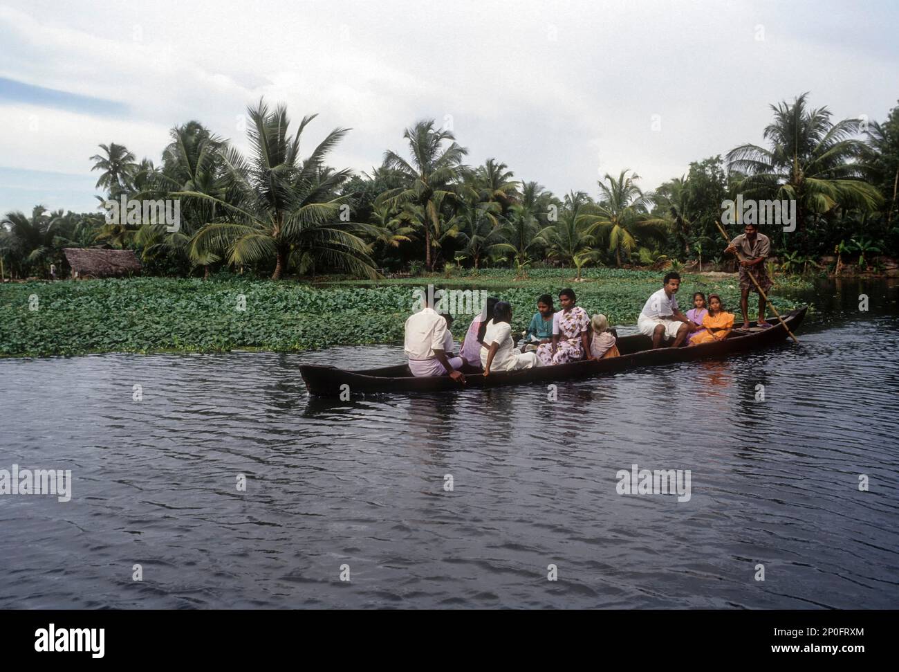 A boat man taking people to their village in a small boat, Backwaters ...