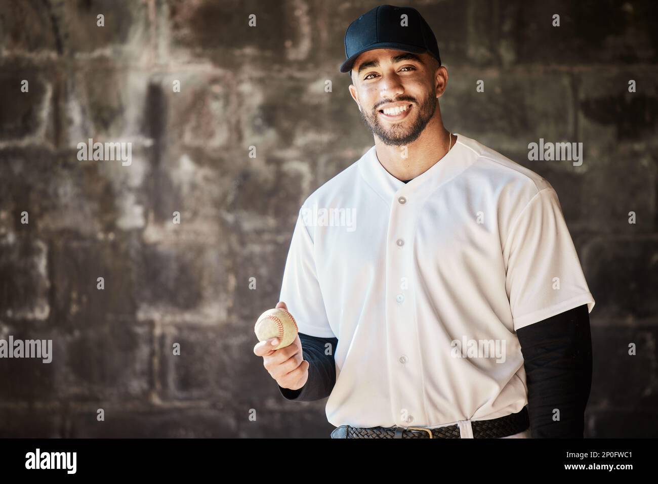 Sports, baseball and portrait of man with ball, smile and ready for ...