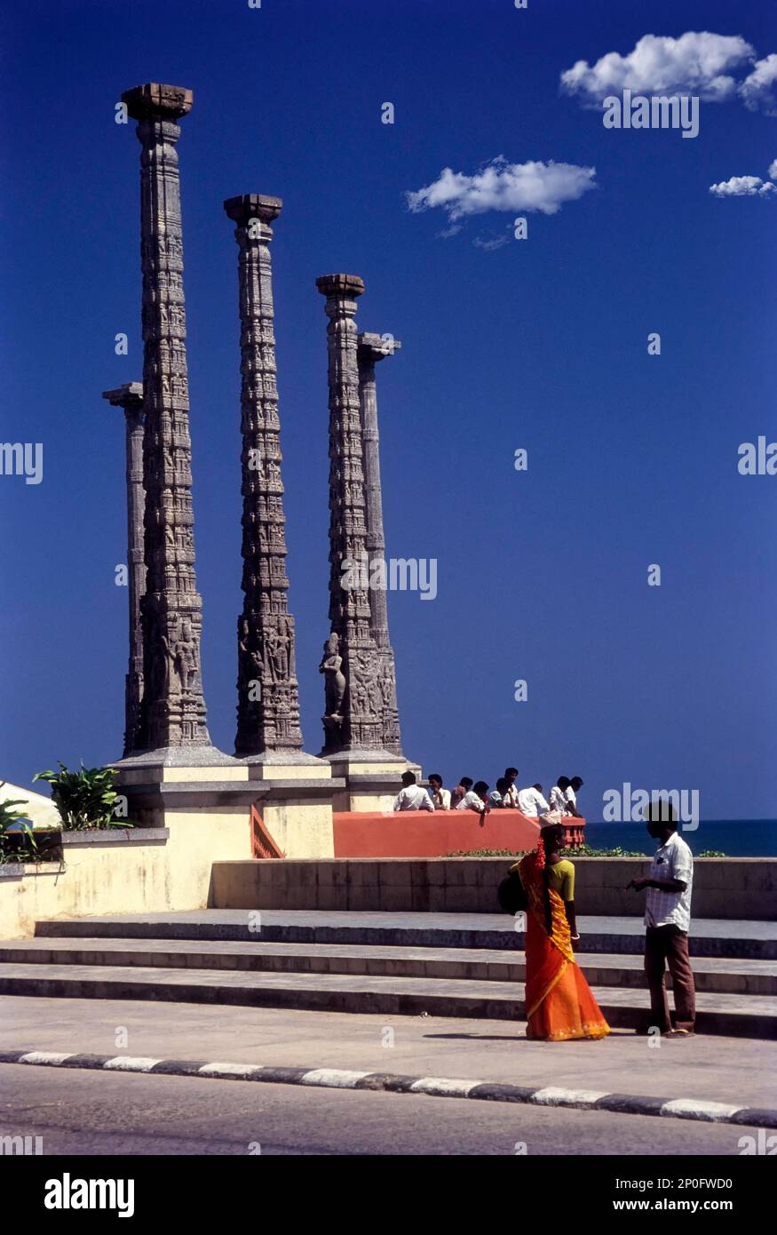 Ornate pillars with sculptures in Pondicherry; Puducherry Stock Photo ...