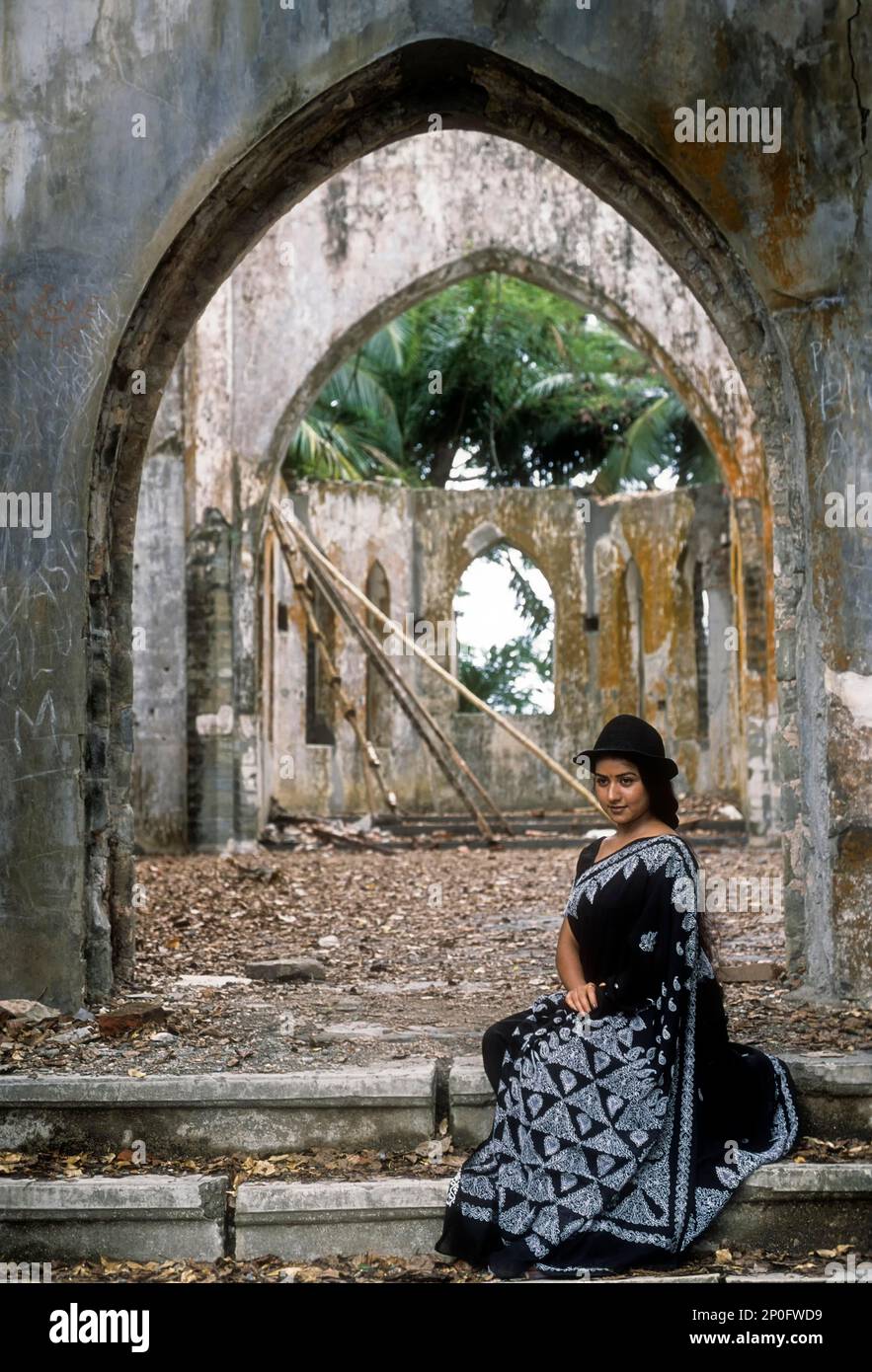 Modelling girl Ms. Shanthi sitting in the dilapidated church in Ross ...