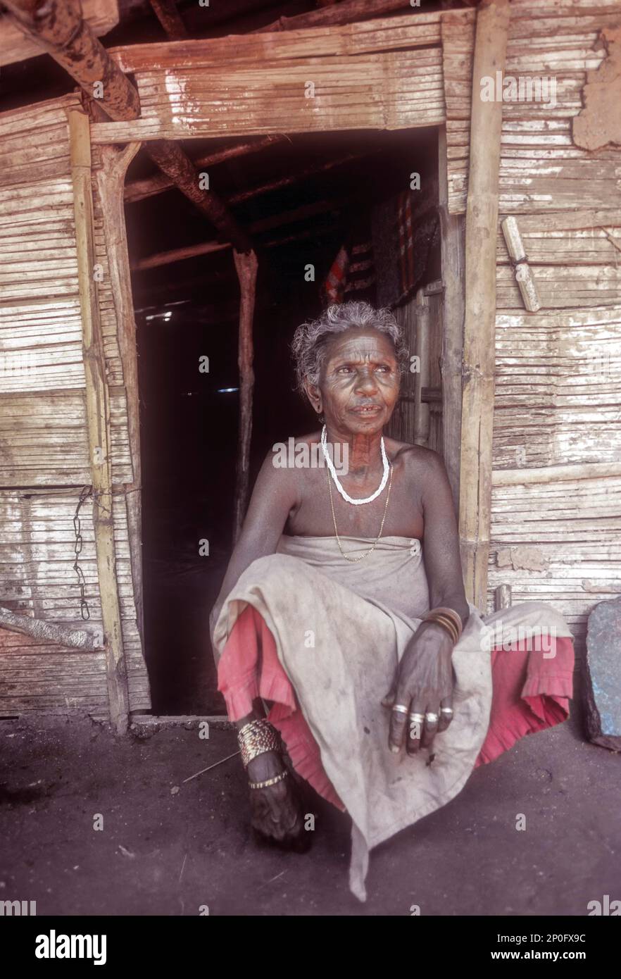 Mudunga tribal old lady sitting in front of the hut a tribal village ...