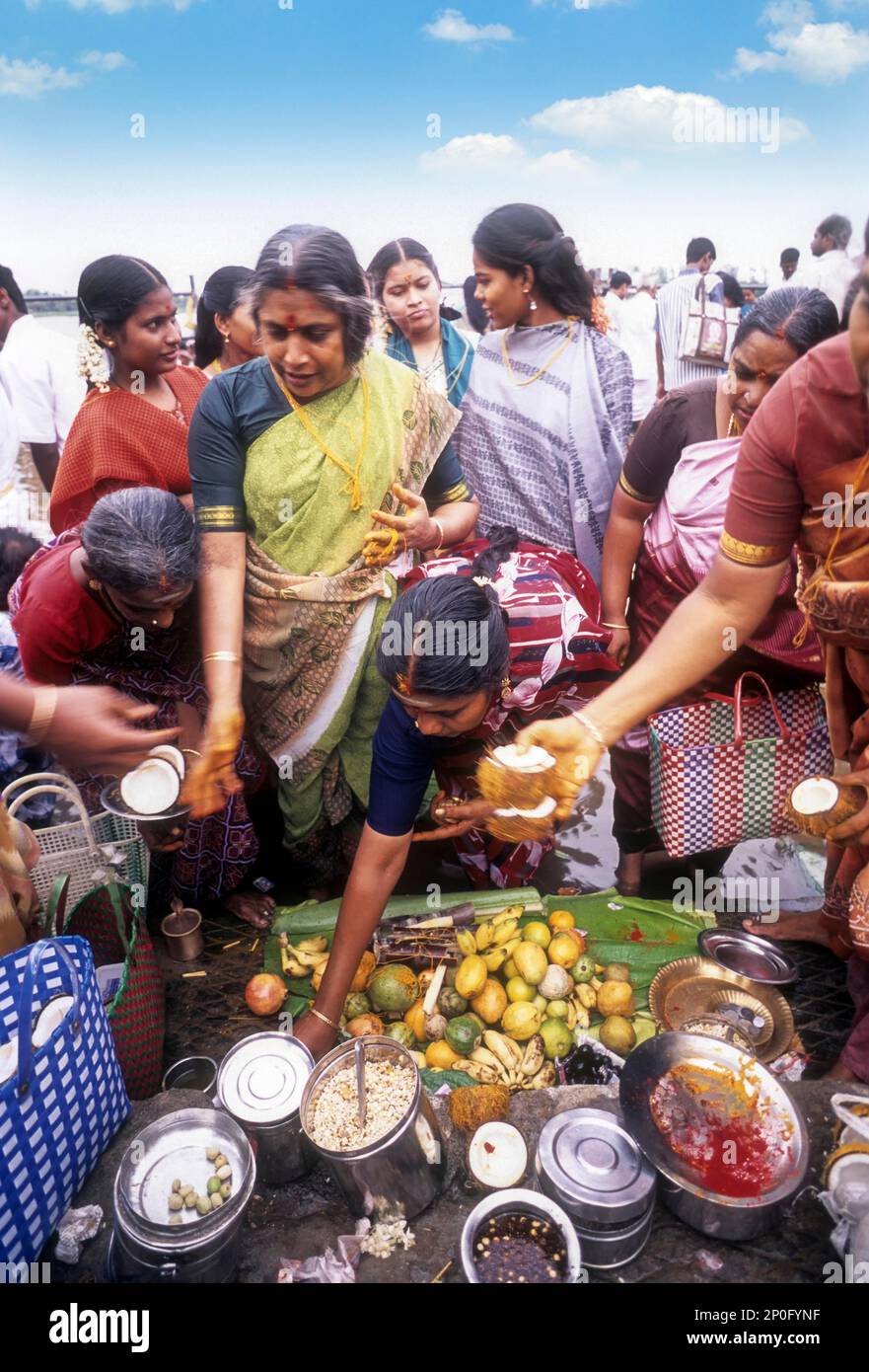 Pooja or Puja on the steps of River Kaveri or Cauvery in Srirangam ...