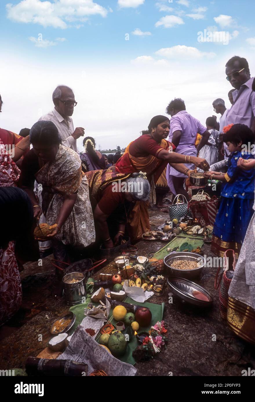 Pooja or Puja on the steps of River Kaveri or Cauvery in Srirangam ...