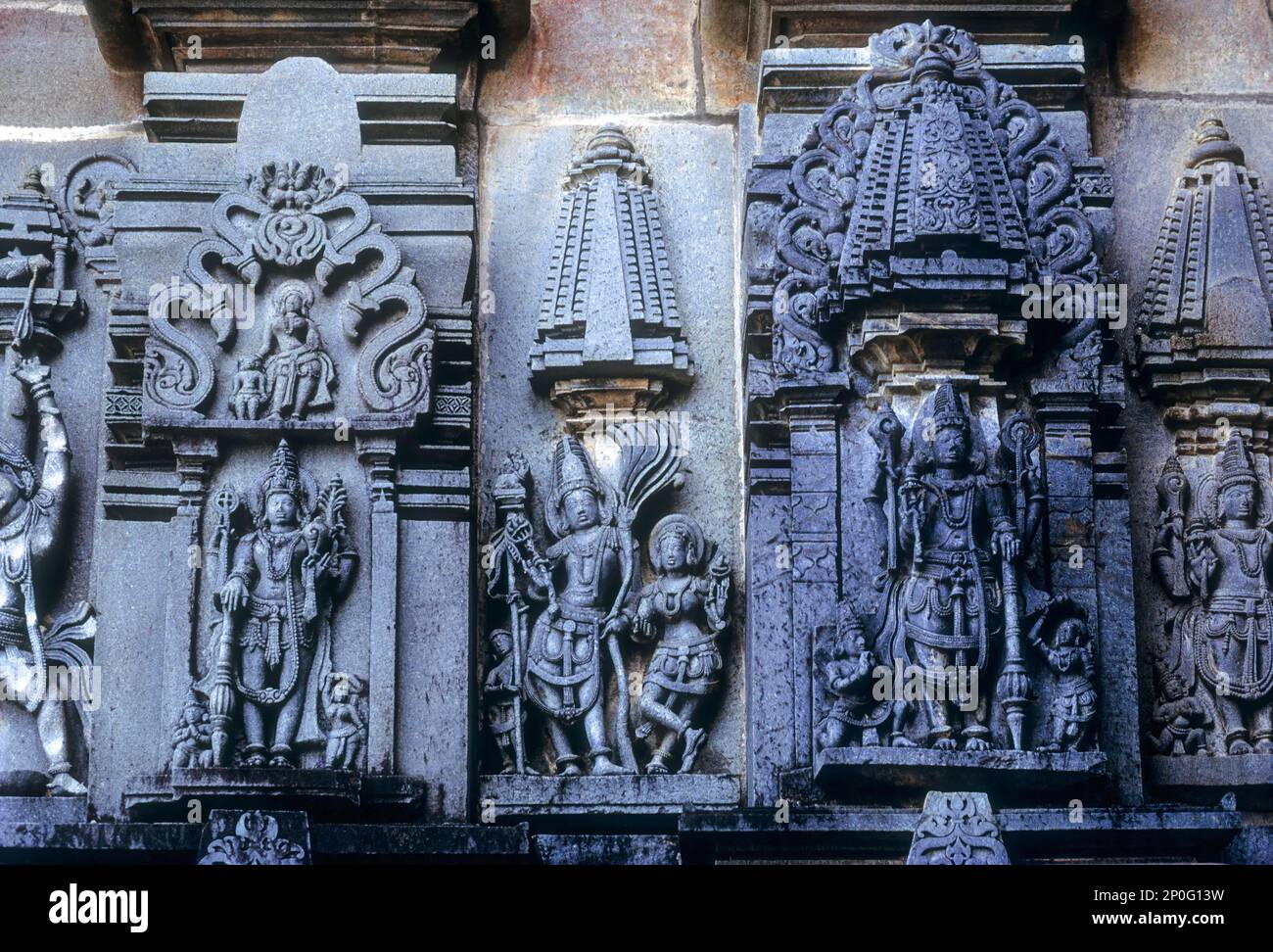 12th century God and Goddesses sculptures in Sri Chennakeshava temple Hoysala temple in Belur ...