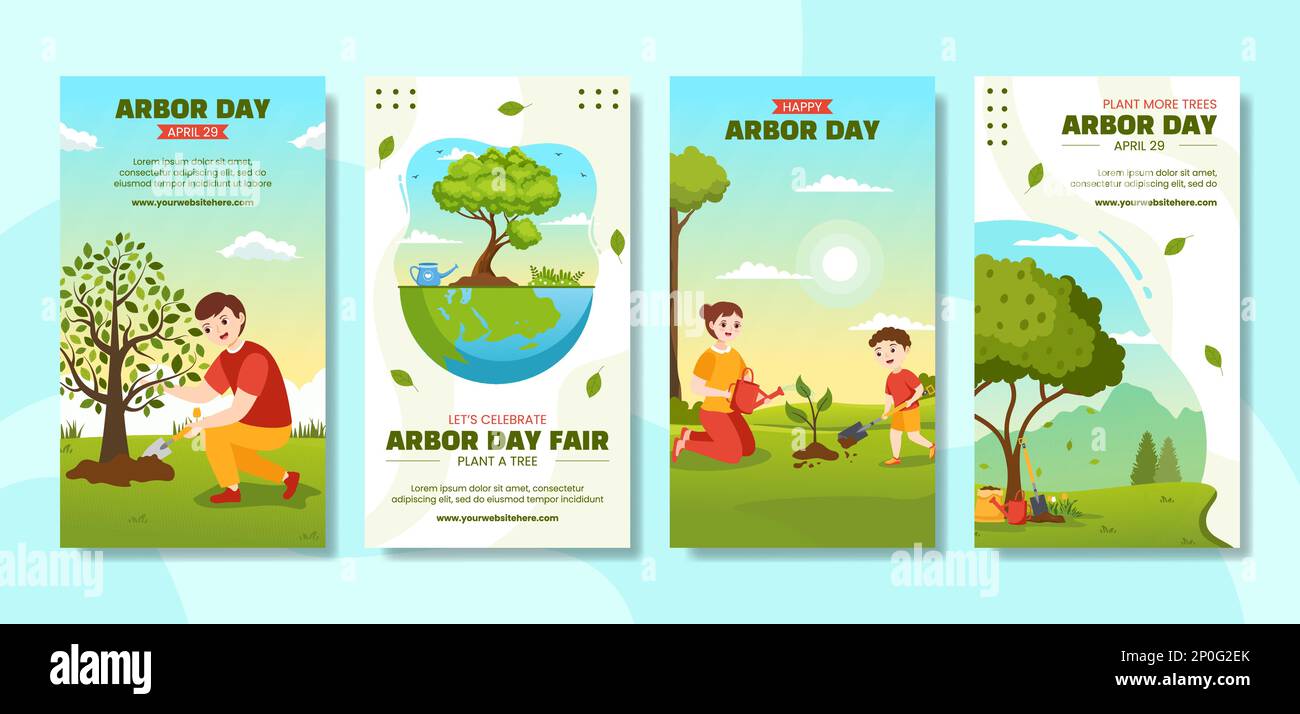 Happy Arbor Day Social Media Stories Cartoon Hand Drawn Templates ...