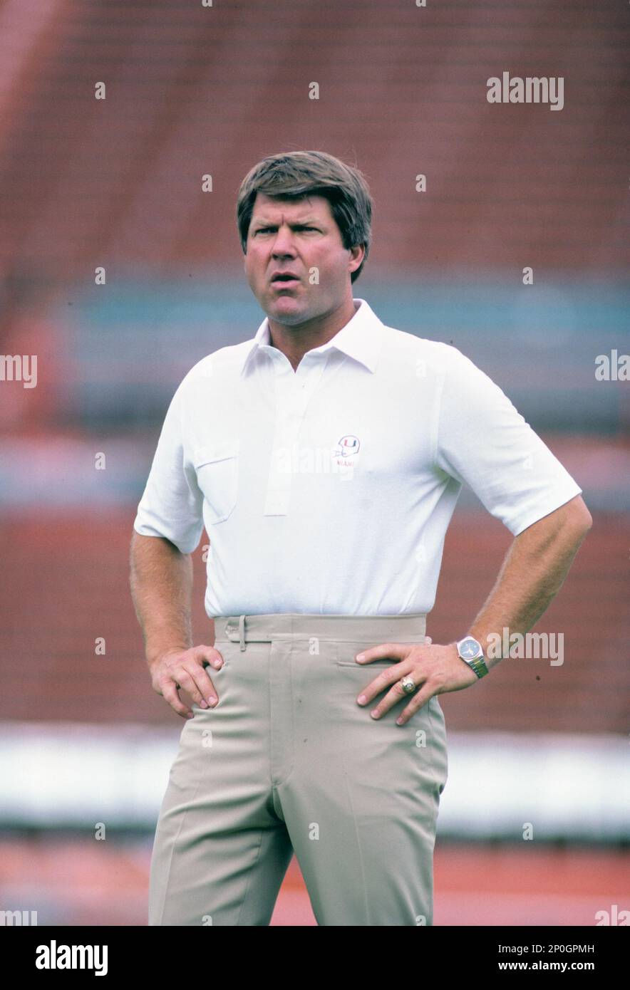 Miami Hurricanes coach Jimmy Johnson checks the field at the Orange ...