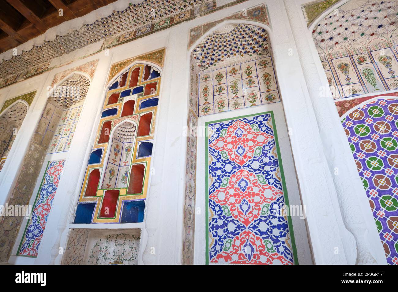 Detail of colorful, painted wall section at a renovated grand ...