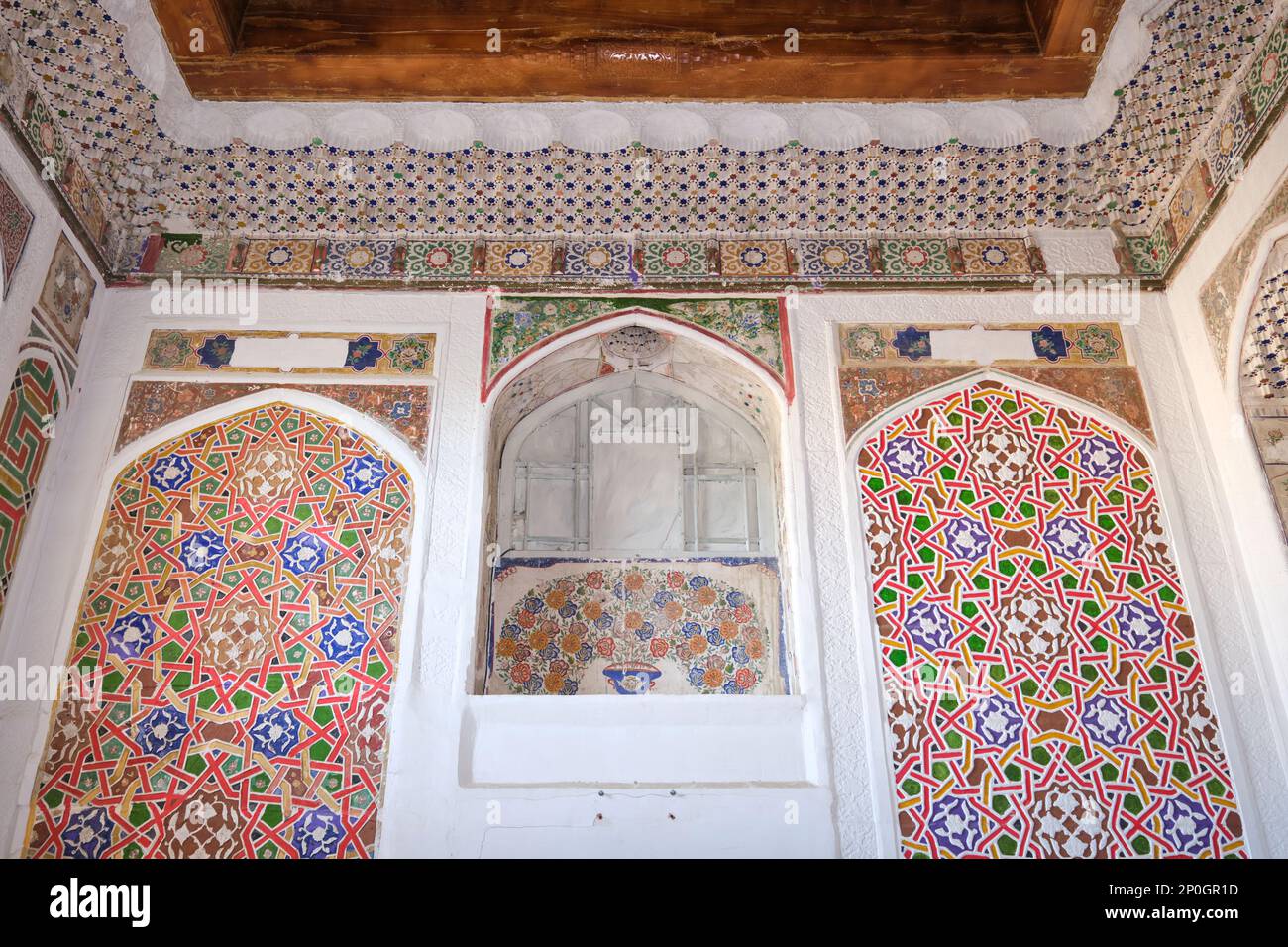 Detail of colorful, painted wall section at a renovated grand ...