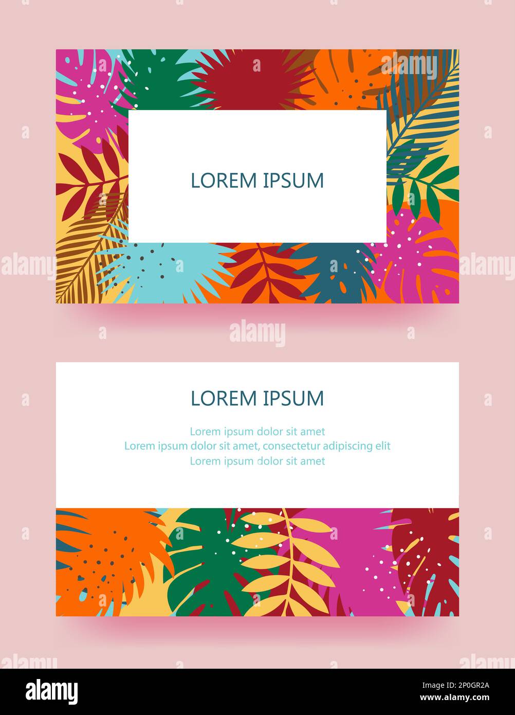 Bright business card with the image of colorful tropical plants on a ...