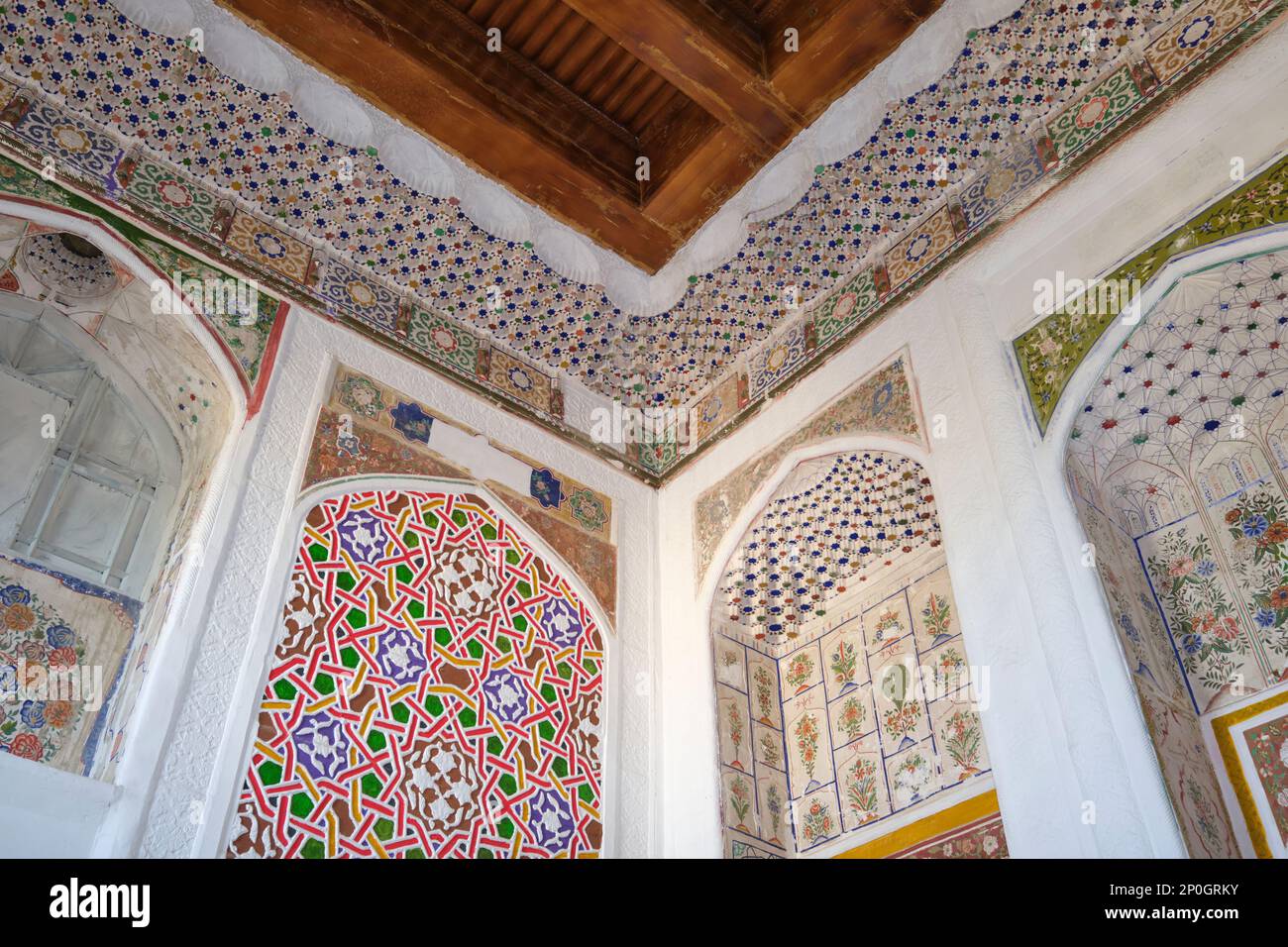 Detail of colorful, painted wall section at a renovated grand ...