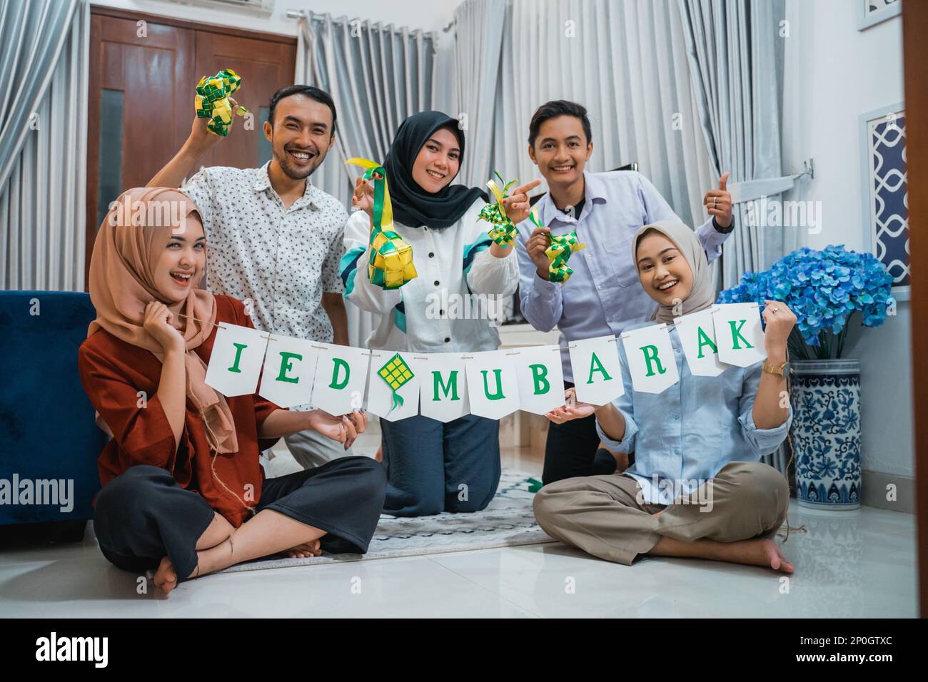 group of Asian Muslims show flag chains and eid decorations Stock Photo ...