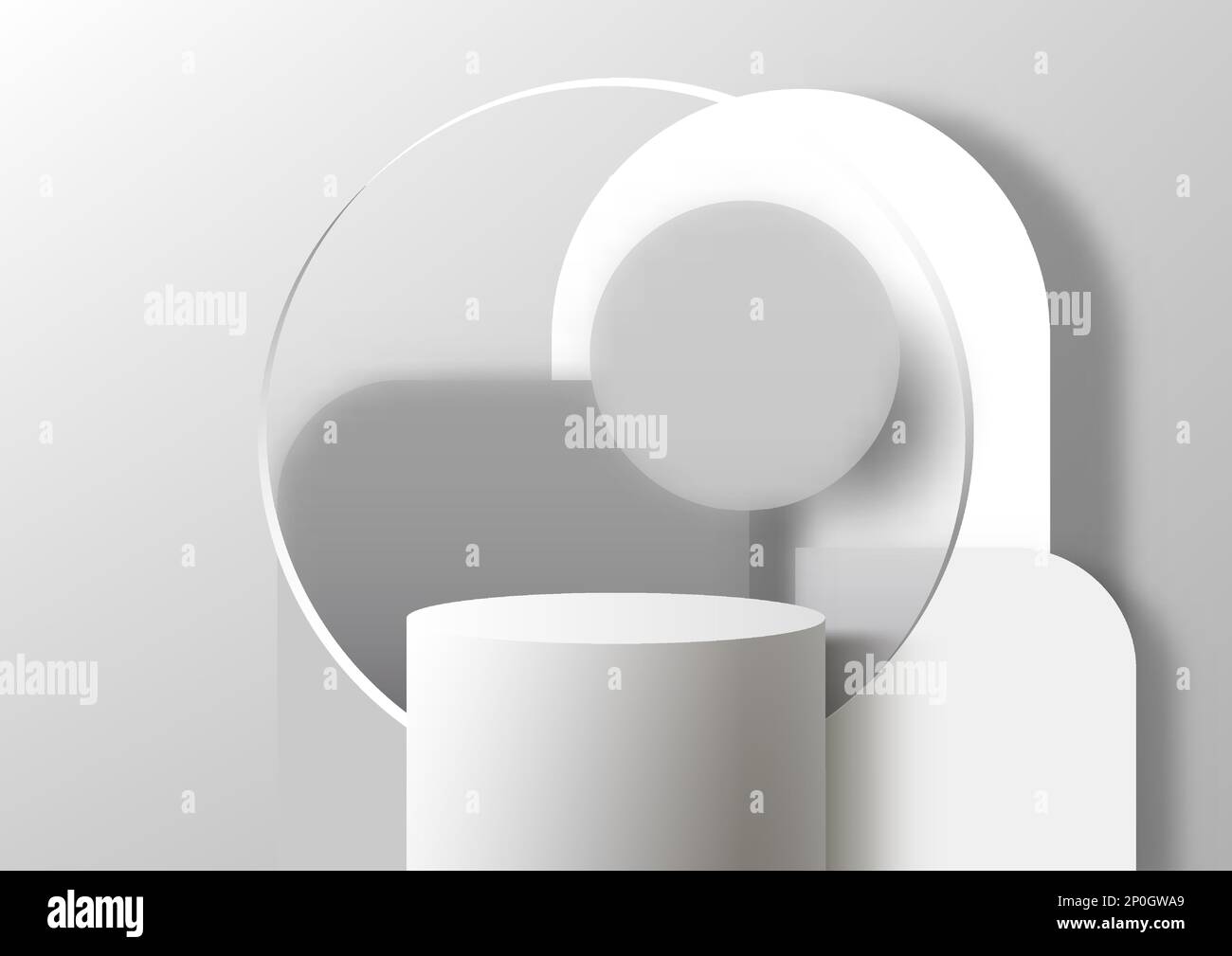 3D realistic white podium stand with rounded geometric, circle glass ...