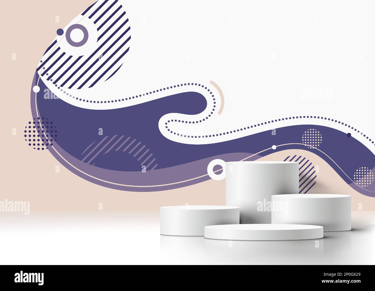 3D realistic group of empty white podium pedestal cylinder stand with ...