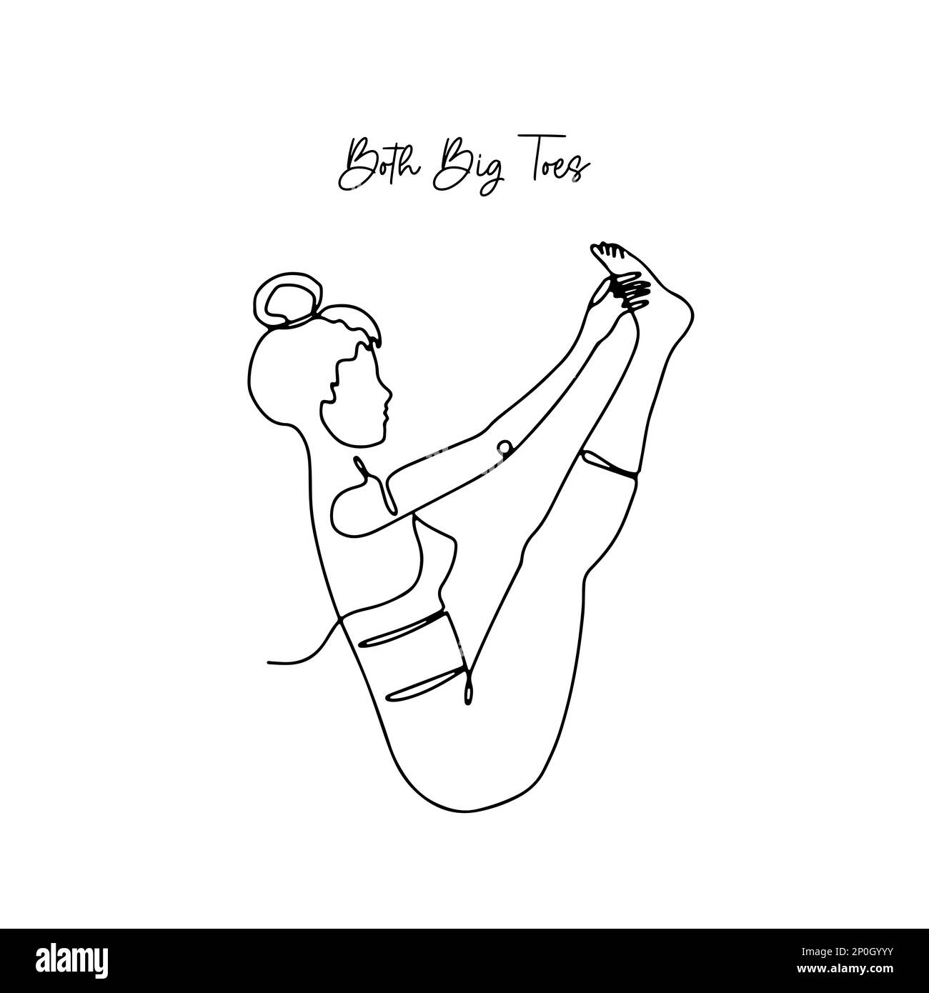 Single line drawing of a girl in Both big toes yoga pose with name text ...
