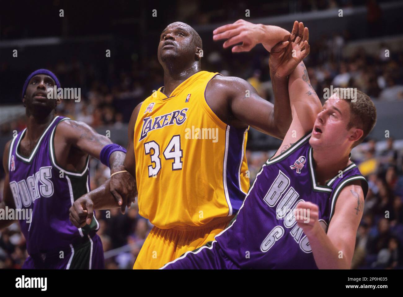 FILE: Shaquille O'Neal of the Los Angeles Lakers pushes aside a ...