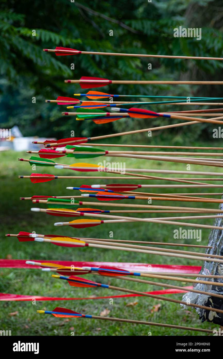 Successful concept, all gold arrows on target, archery sport Stock ...