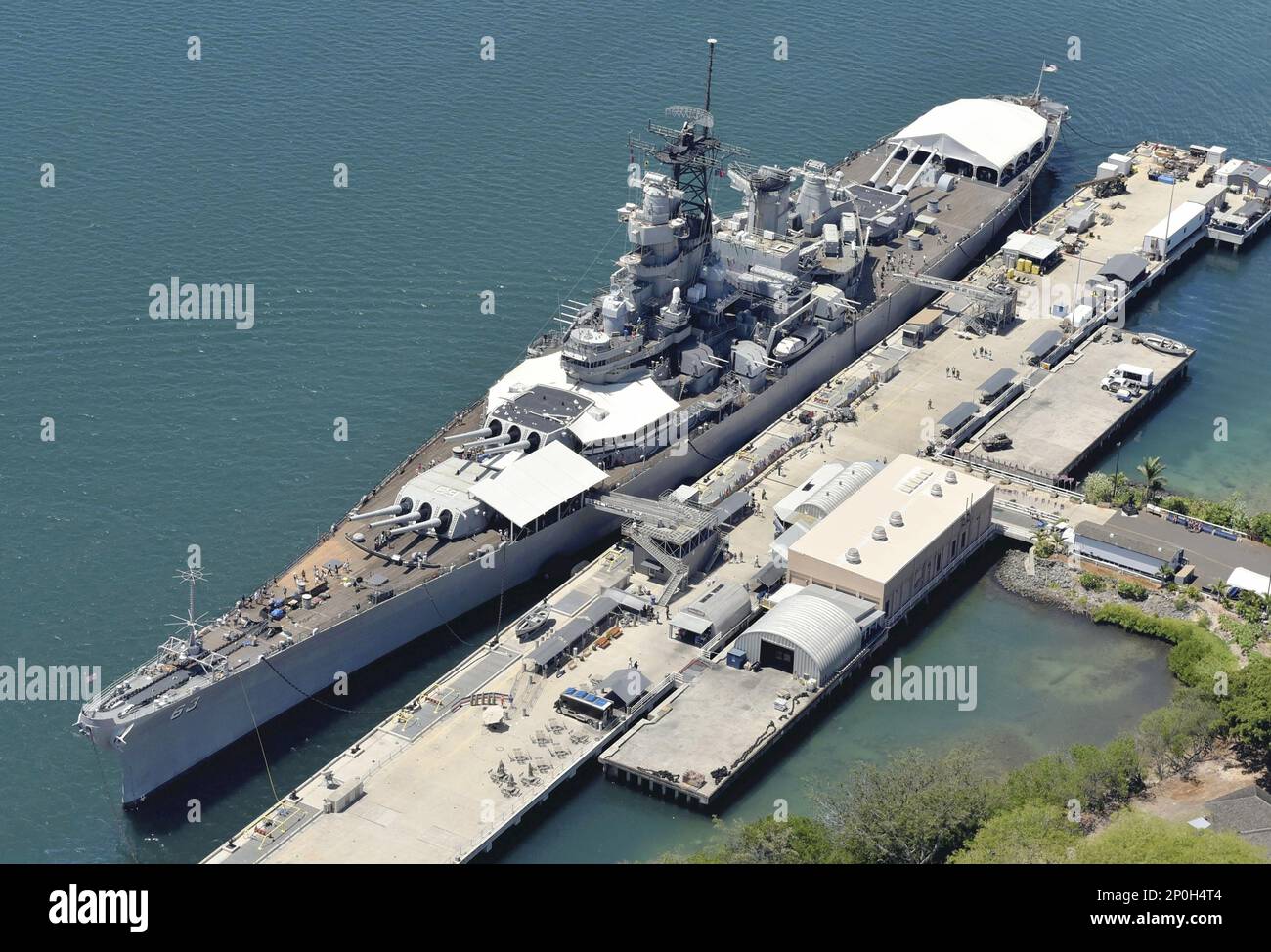 An aerial photo shows the USS Missouri in Oahu, Hawaii on August 12th ...