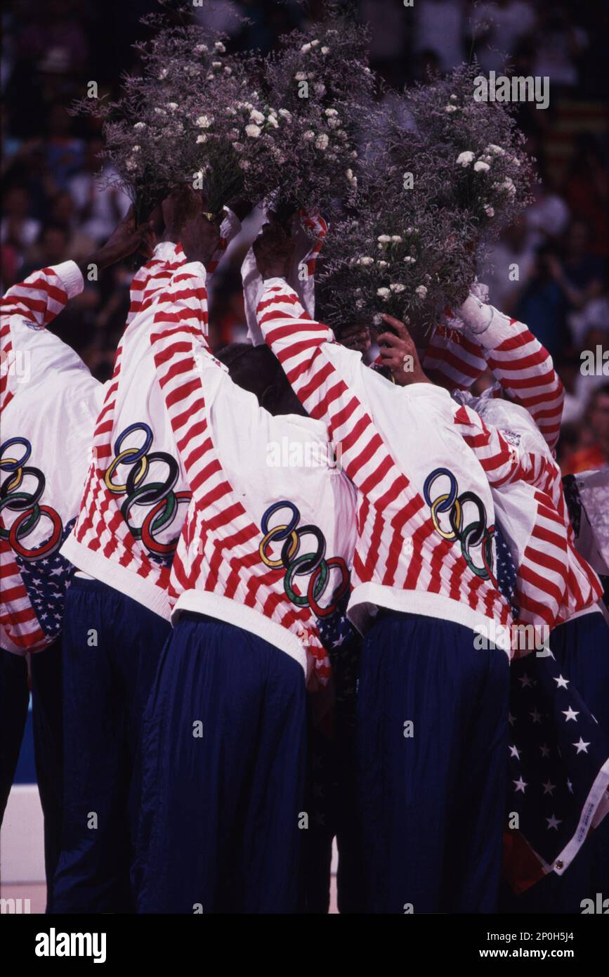 8 Aug 1992: The USA Dream Team celebrates during the medal ceremony ...