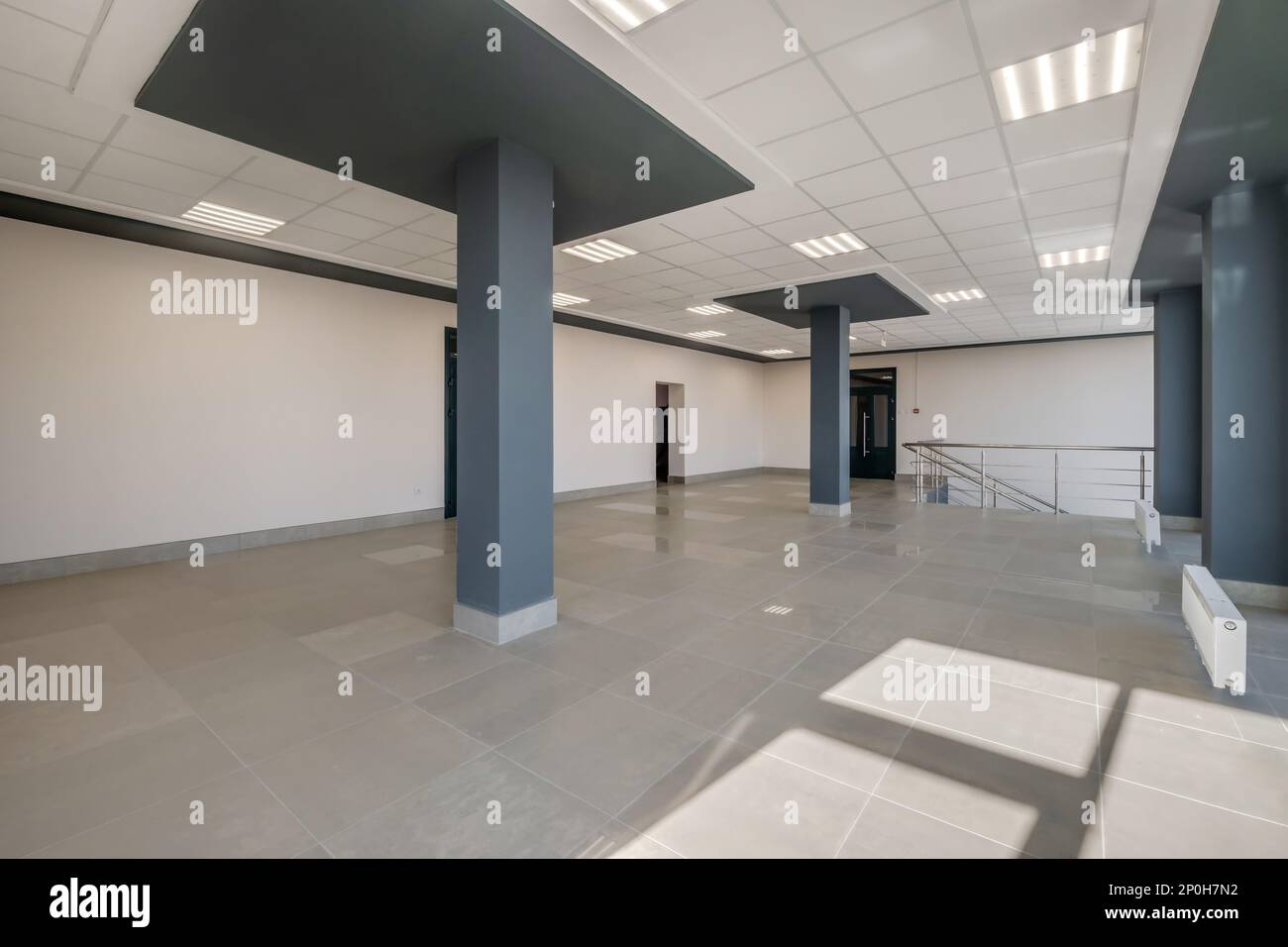 empty modern hall room with columns, doors and panoramic windows Stock ...