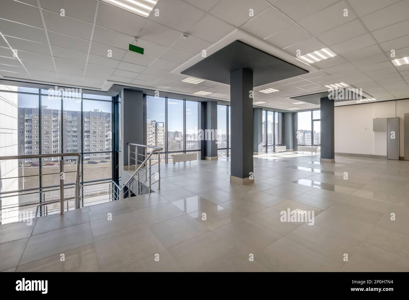 empty modern hall room with columns, doors and panoramic windows Stock ...