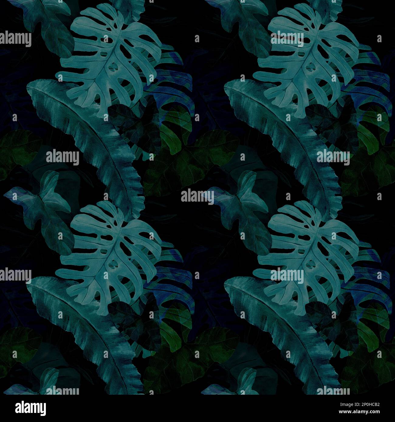 Seamless pattern with tropical leaves in black, blue colors. Wild ...