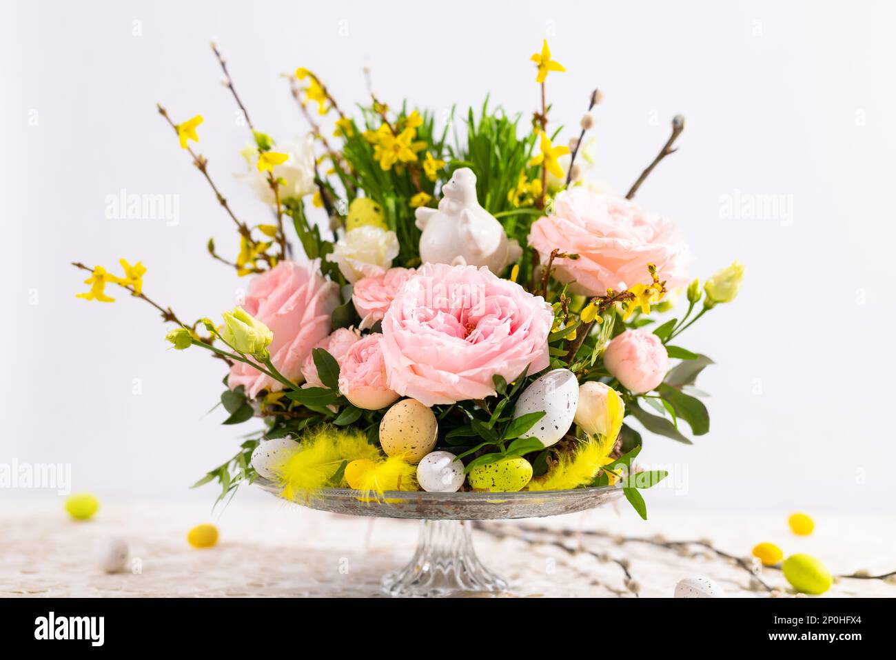 Easter still life with festive Flower composition. Spring flowers, tree ...