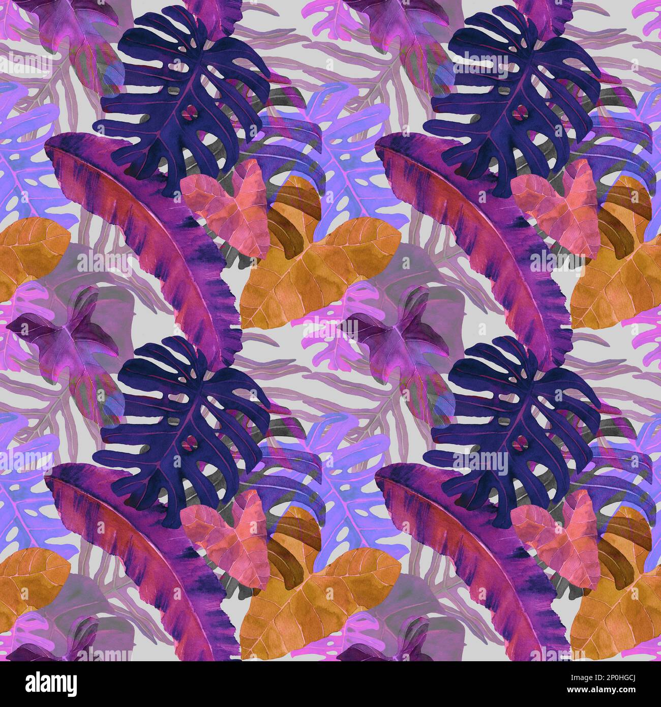 Watercolor seamless pattern with tropical leaves Background in neon ...