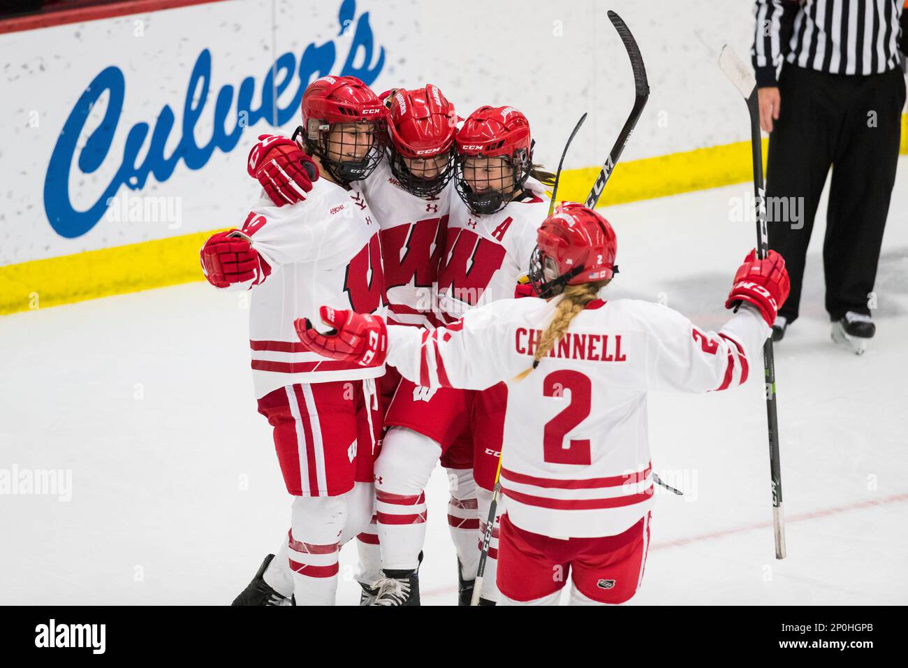 Wisconsin Badgers Annie Pankowski (19) celebrates a goal with teammates ...