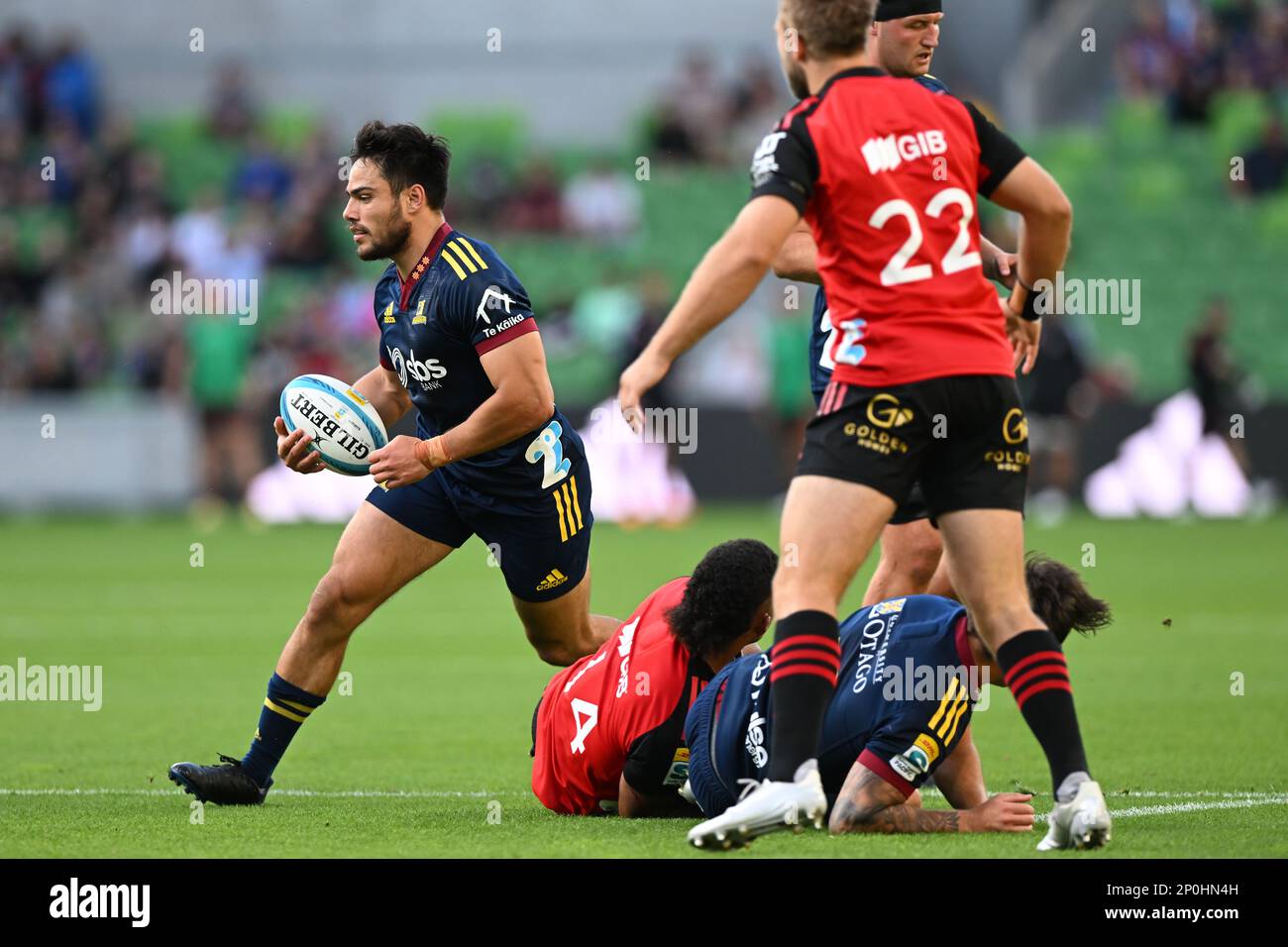 Josh Timu of the Highlanders (left) in action during the Super Rugby ...