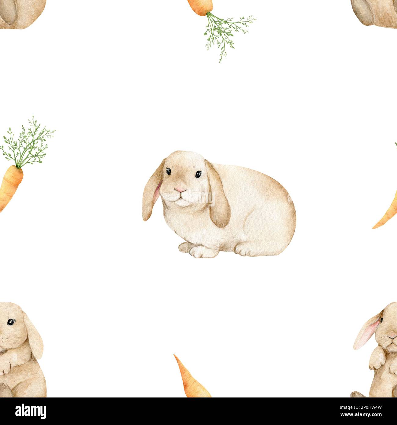 Cute Bunny with carrot seamless pattern. Hand drawn watercolor animals ...
