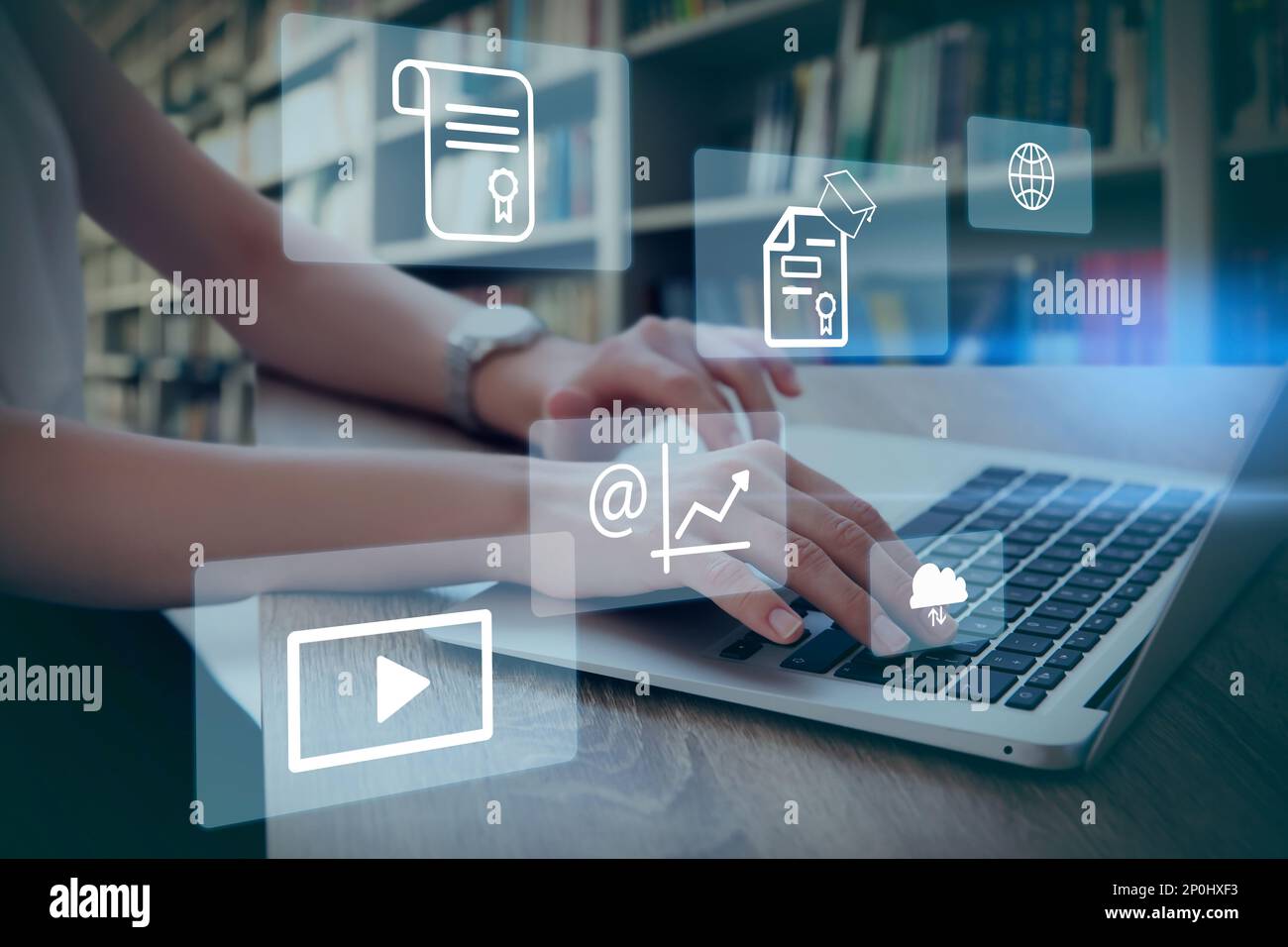 Student using laptop in library and illustration of virtual icons ...