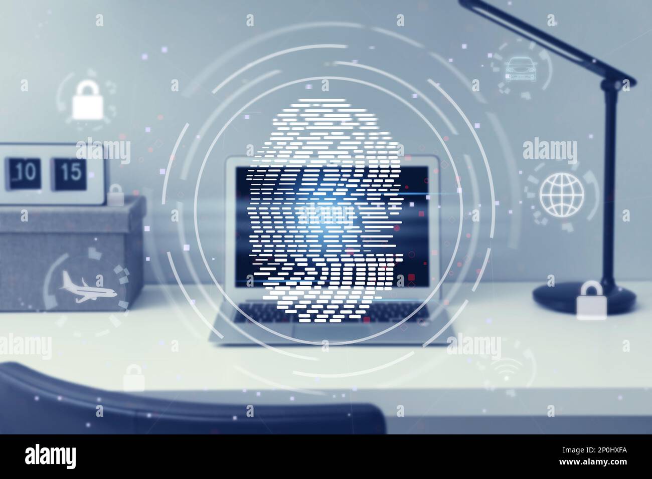 Fingerprint identification. Modern laptop on white office desk indoors ...