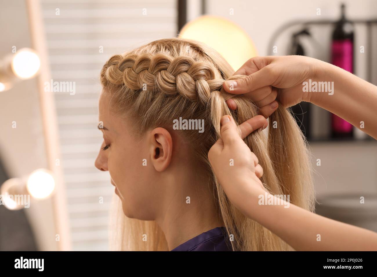 Professional stylist braiding client's hair in salon Stock Photo - Alamy