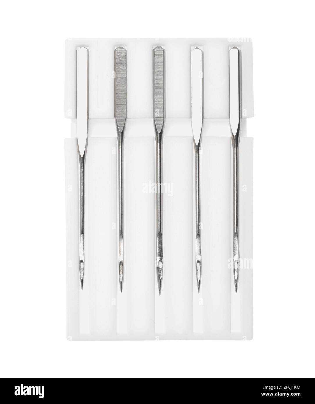 Set of sewing machine needles with package isolated on white, top view ...