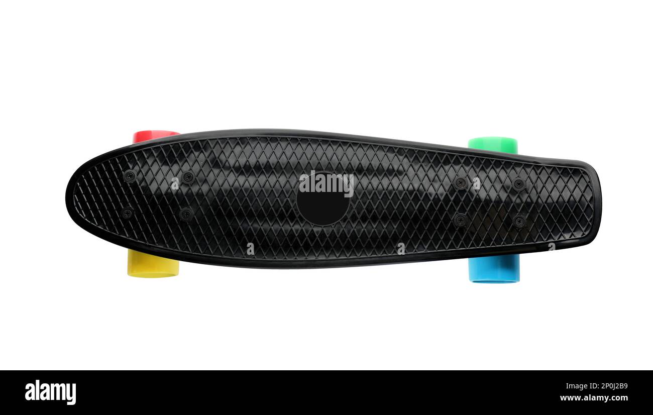 Black skateboard with colorful wheels isolated on white, top view ...