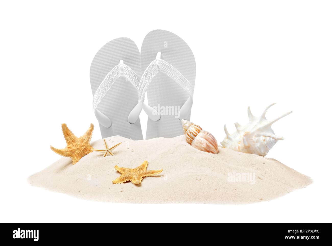 Bright flip flops in sand, starfishes and sea shells on white background Stock Photo - Alamy