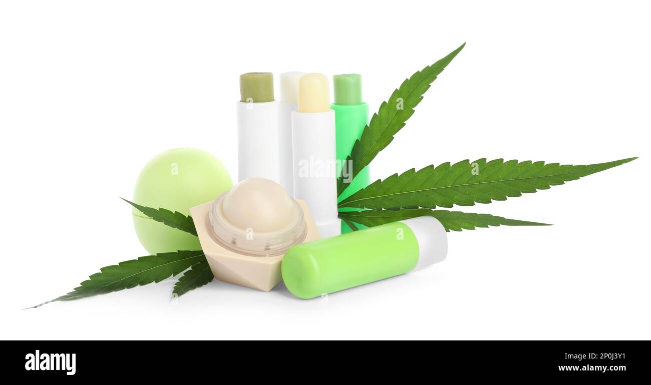 Different hemp cosmetics and green leaves on white background Stock ...