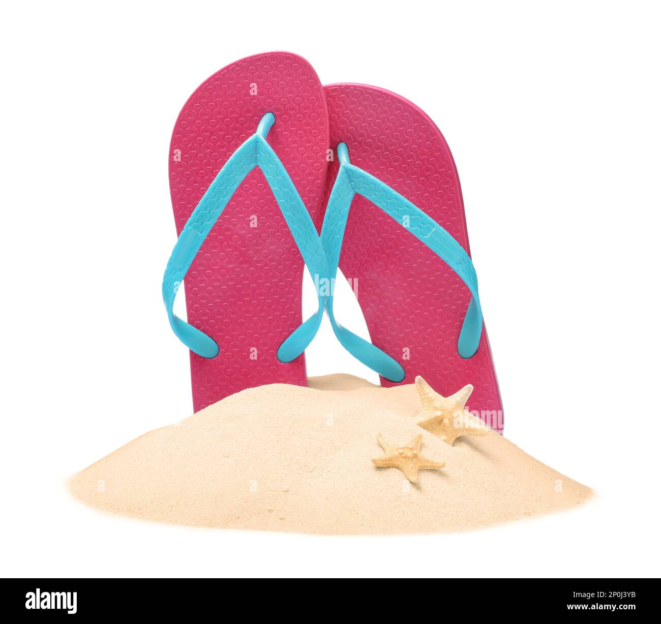 Pink flip flops in sand and starfishes on white background Stock Photo - Alamy