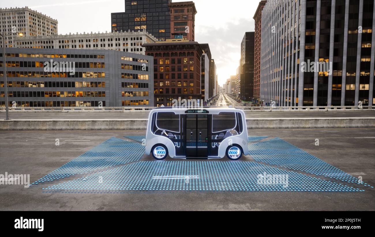 Autonomous electric bus self driving on street, Smart vehicle ...
