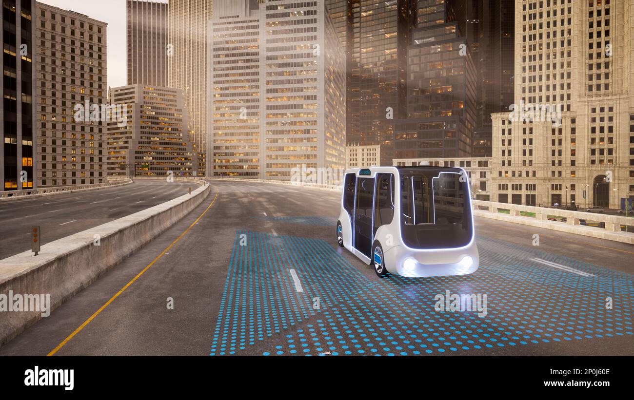 Autonomous electric bus self driving on street, Smart vehicle technology concept, 3d render ...
