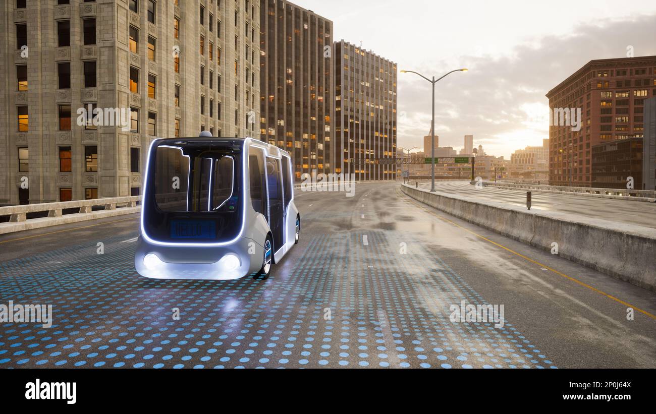 Autonomous electric bus self driving on street, Smart vehicle ...