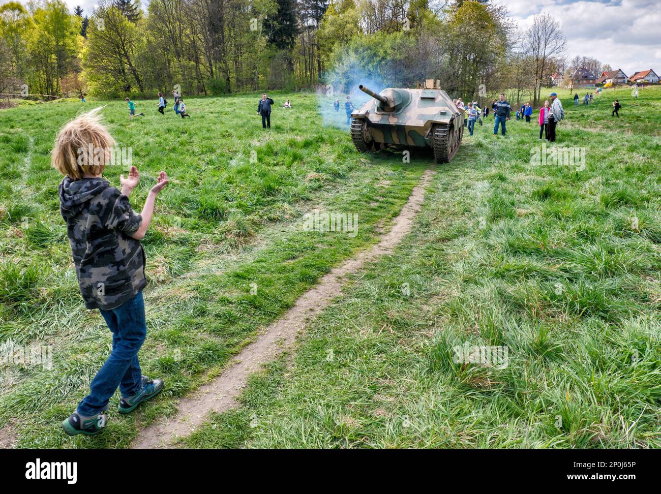 Young boy guiding Jagdpanzer 38 Hetzer, German light tank destroyer ...