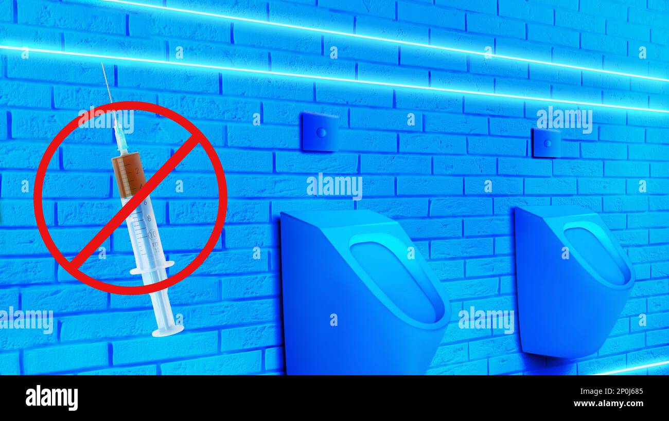 Ceramic urinals in men's public restroom lit with UV blue light Stock ...