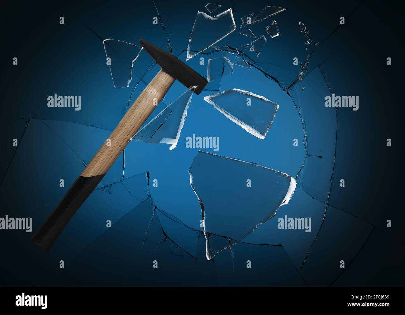 Hammer breaking up glass against black background Stock Photo - Alamy