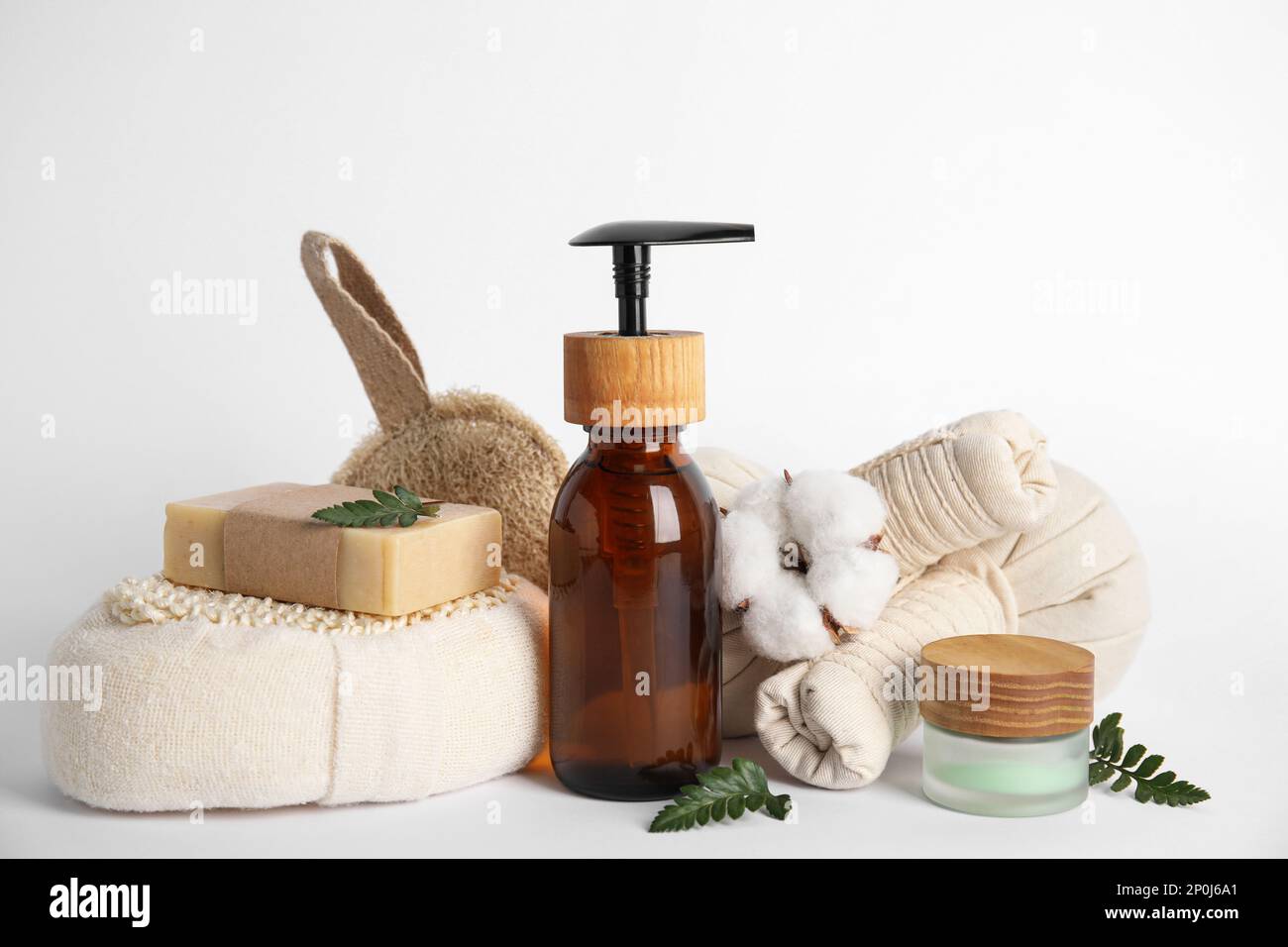 Eco friendly personal care products on white background Stock Photo - Alamy