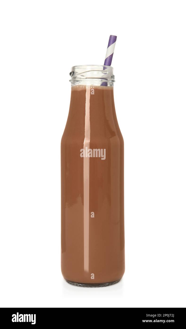 Delicious chocolate milk in glass bottle isolated on white Stock Photo ...